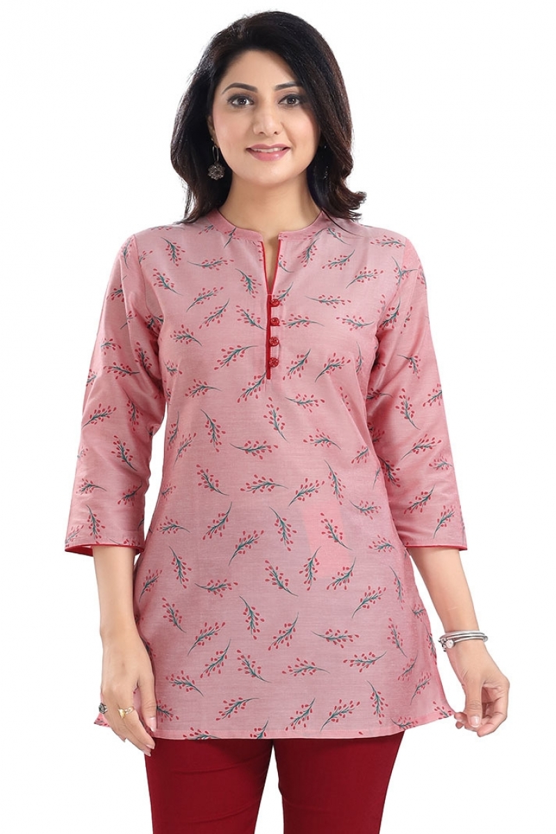 Coral Cotton Silk Hand Block Print Short Tunic Top