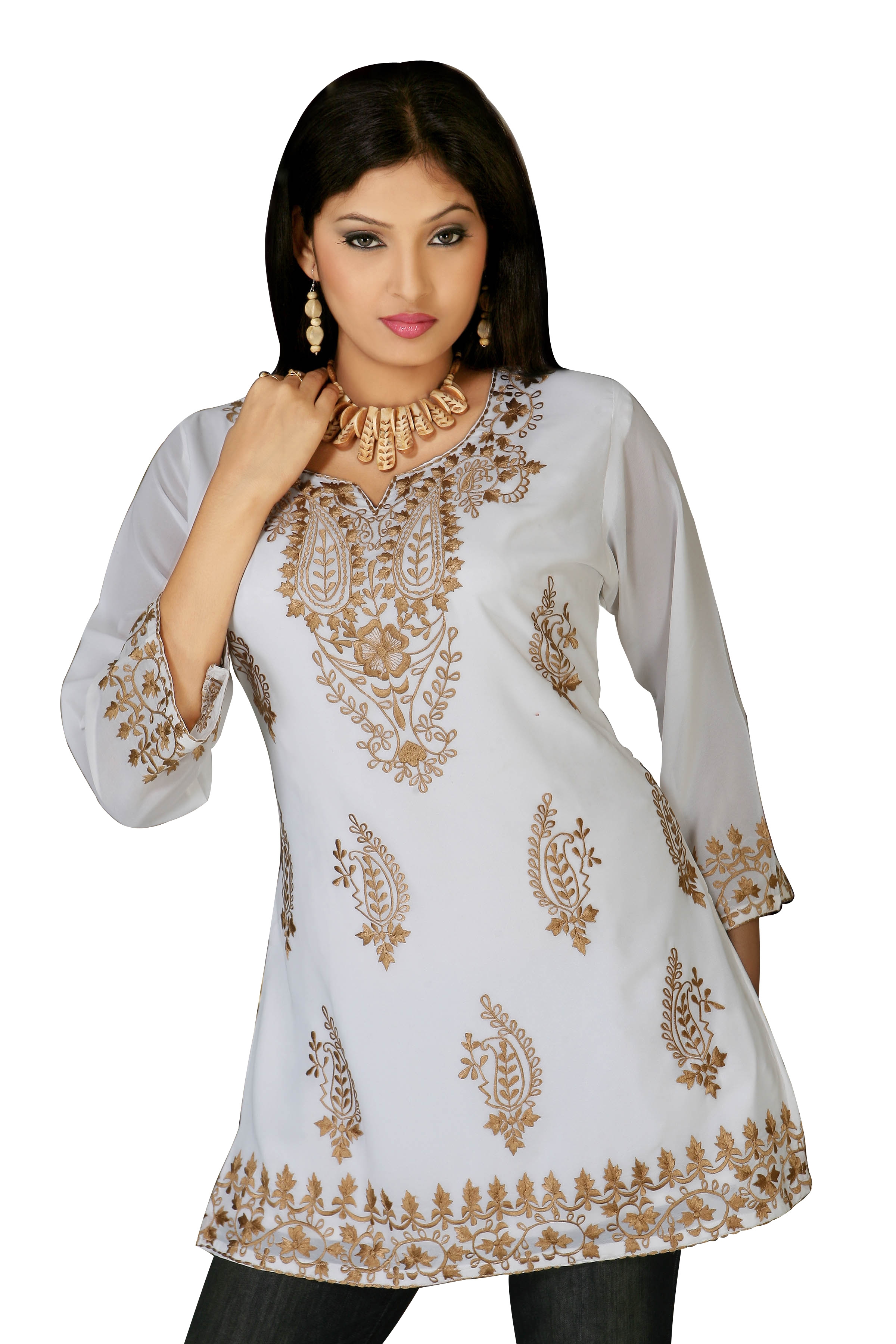 Indian Elegance White and Copper Embroidered Indian Short Tunic Top