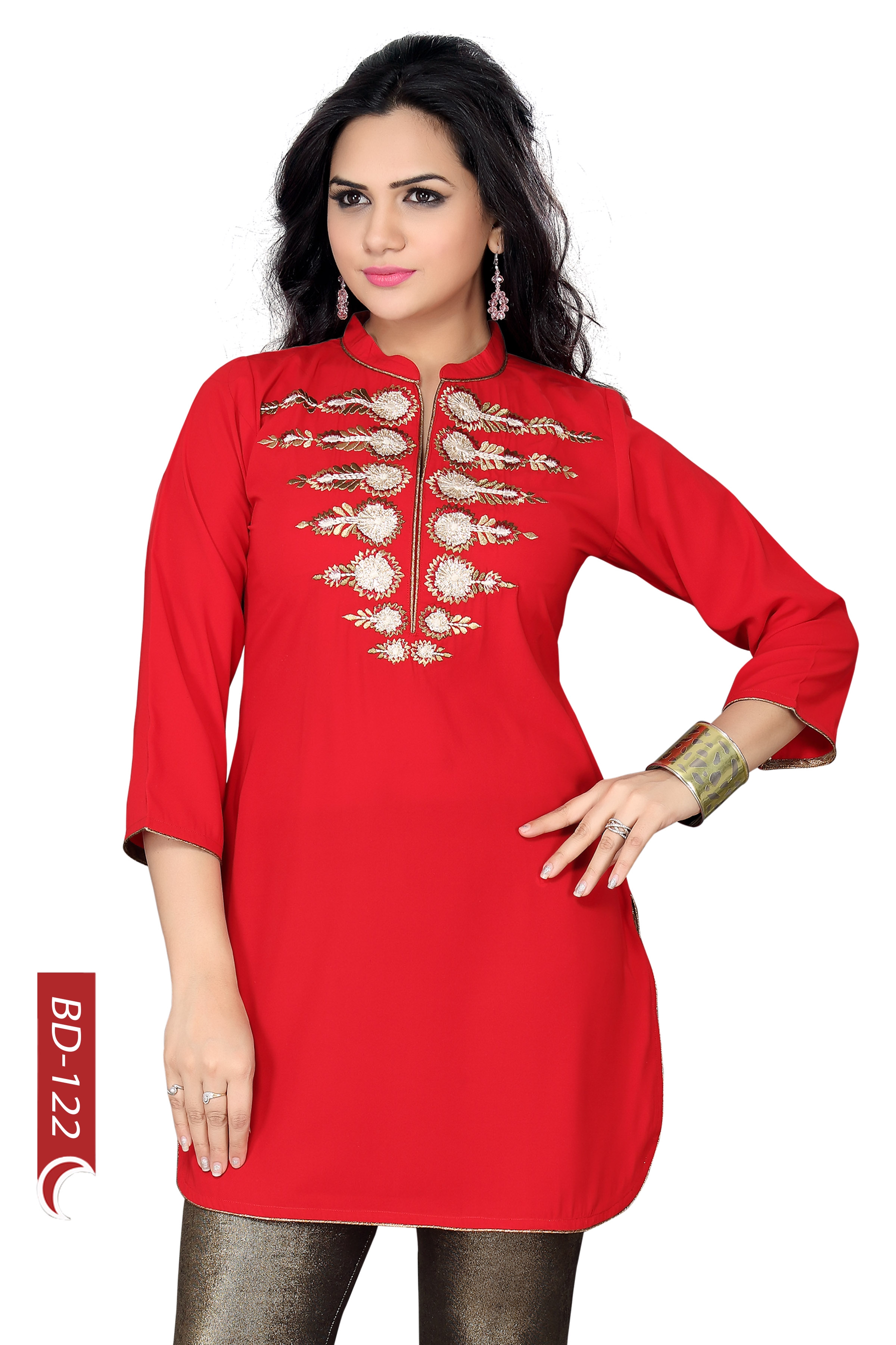 The Style Sizzle Tomato Red Georgette Tunic for Women with Embroidery