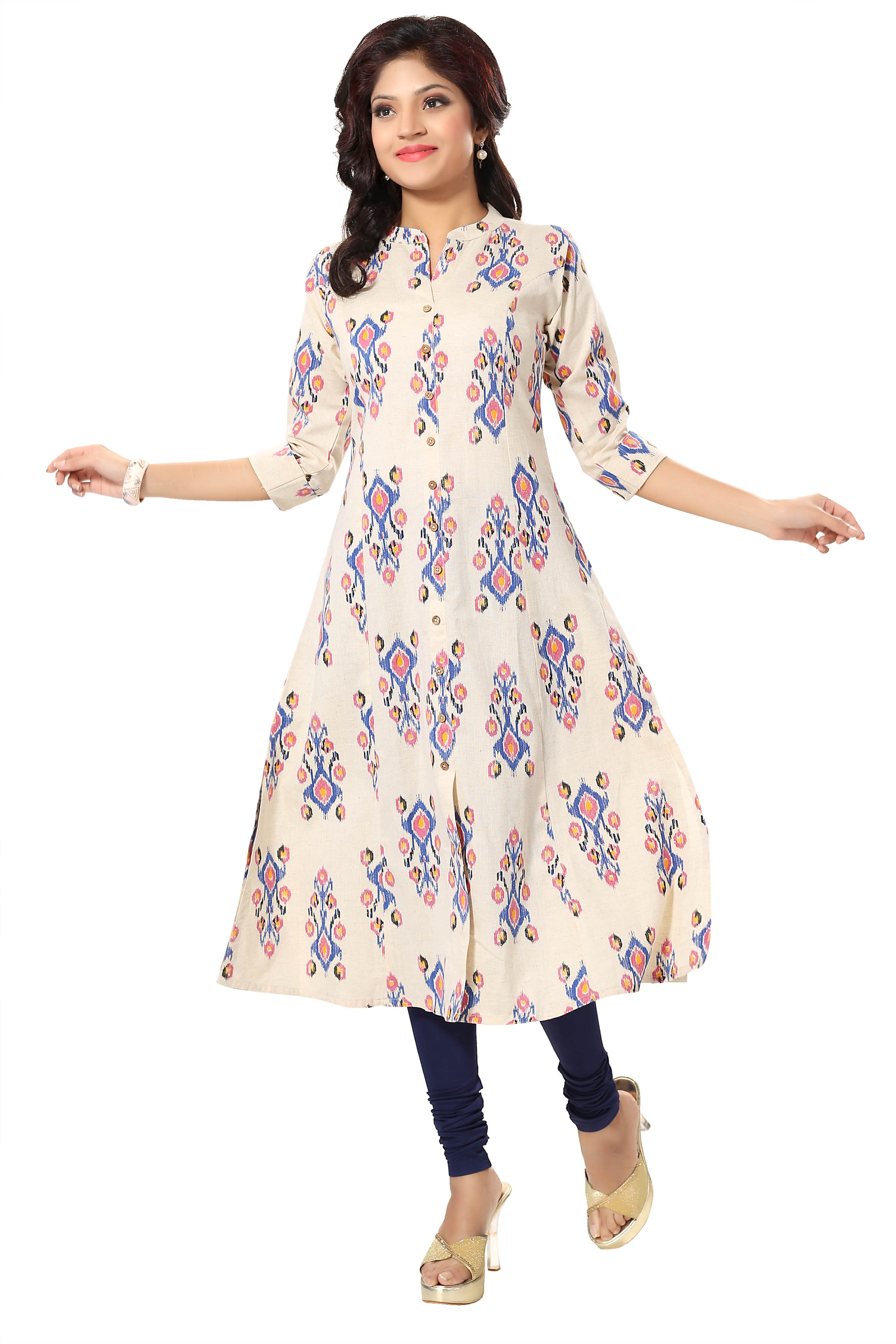 Print Precious Cream A-line Front Open Designer Cotton Tunic