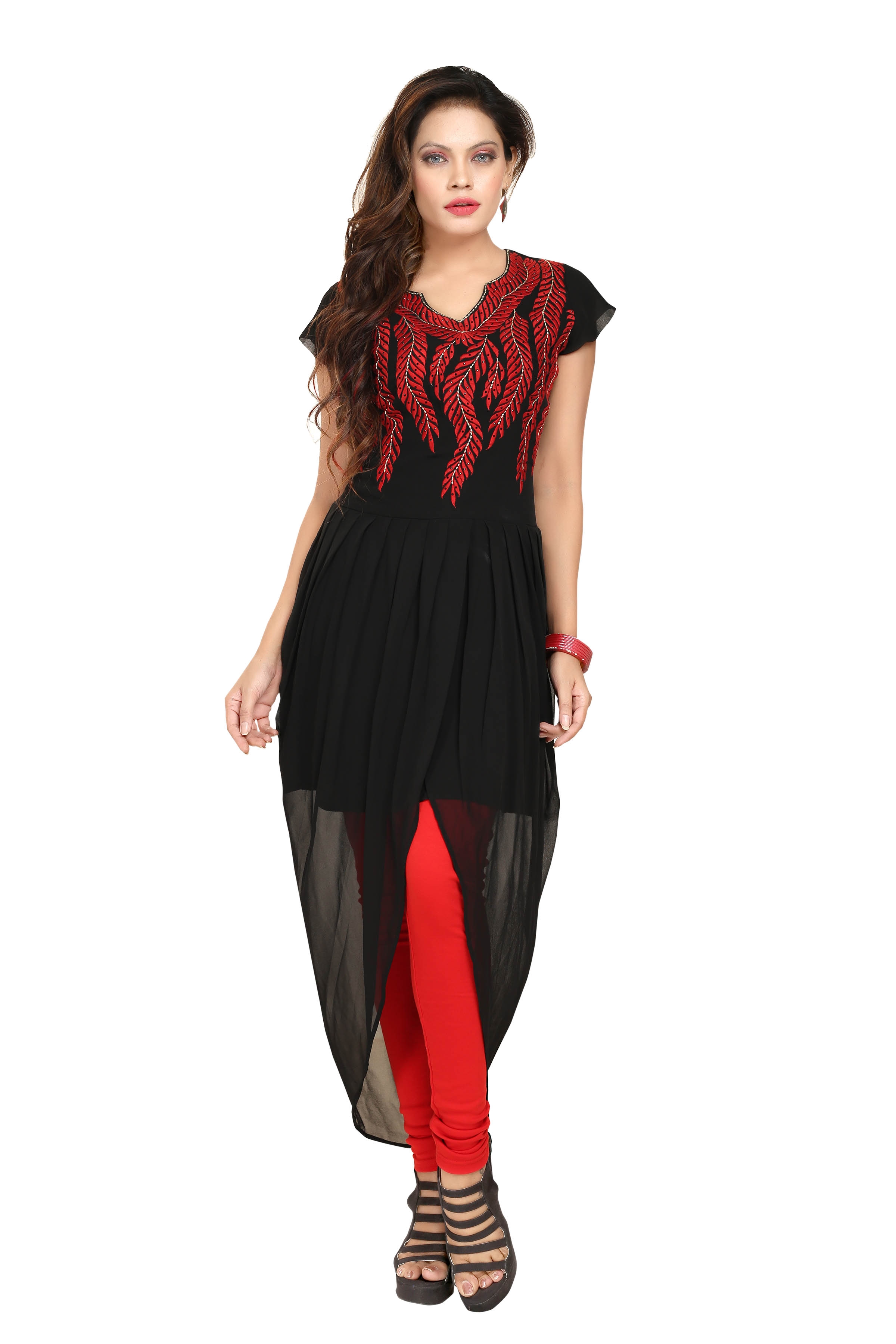 Ravishing Black Georgette Designer Tunic with Red Threadwork