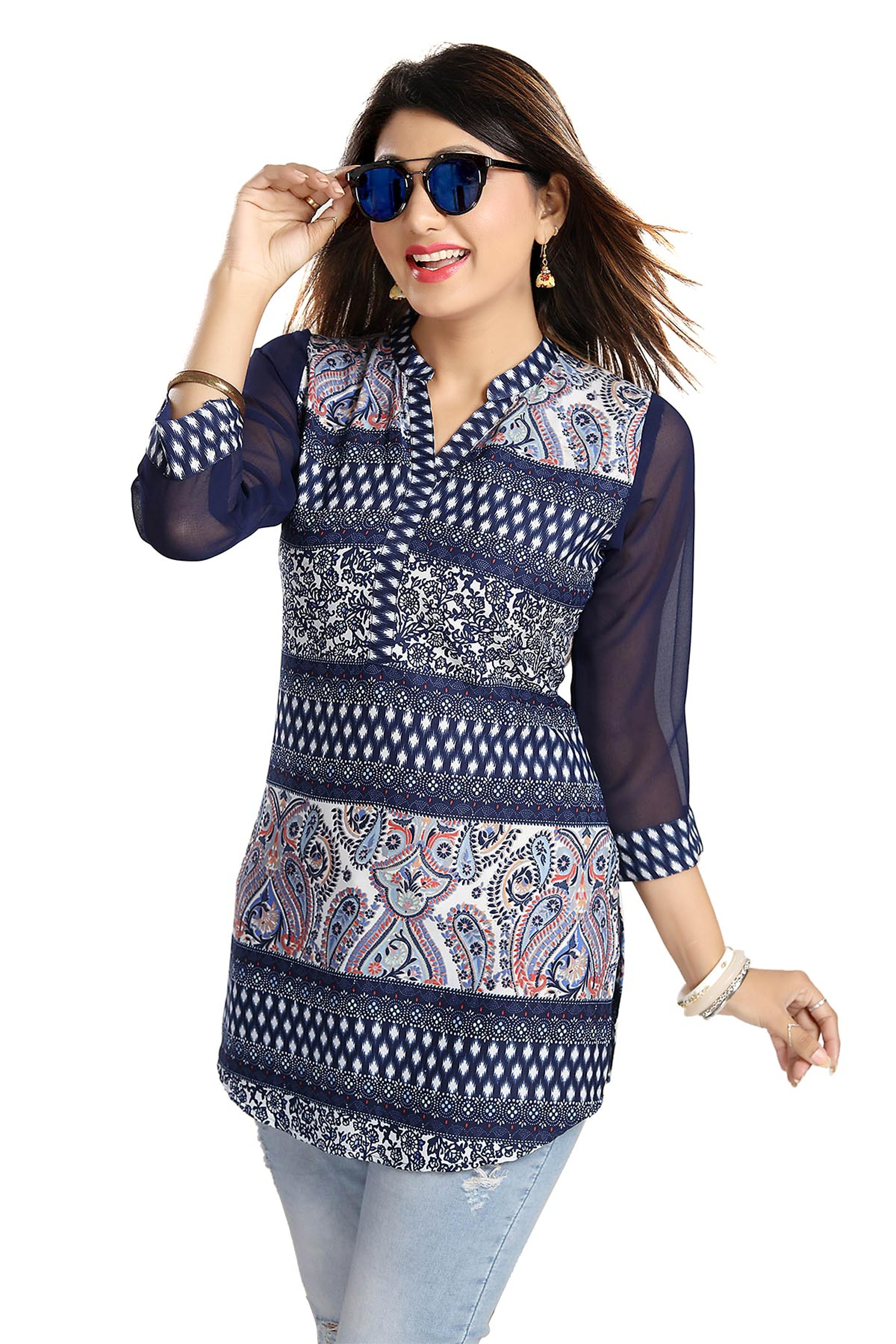 Fun Filled Navy Blue Poly. Crepe Short Tunic Top