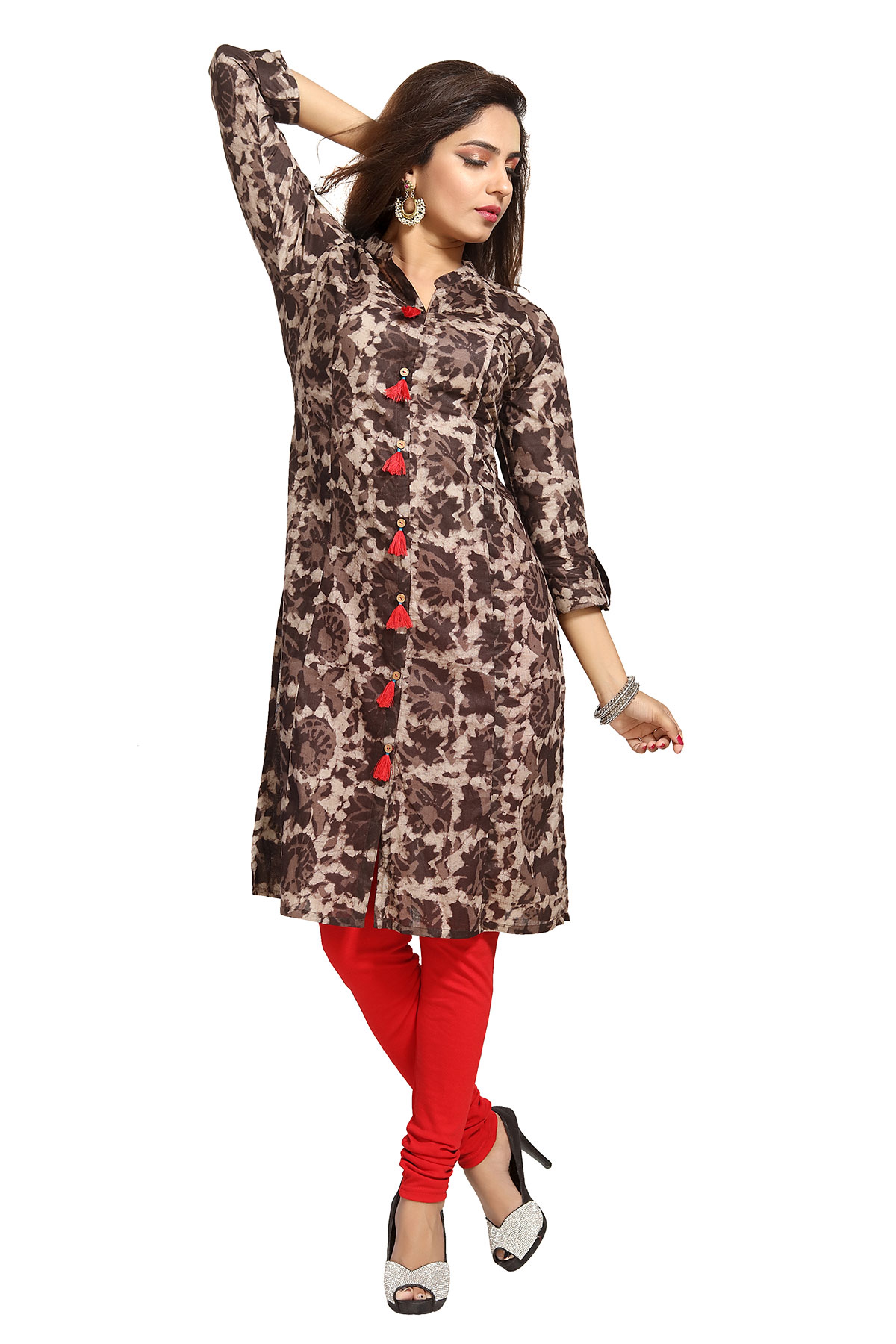 Bright Brown Cotton Printed Long Front Open Tunic with PomPom Buttons
