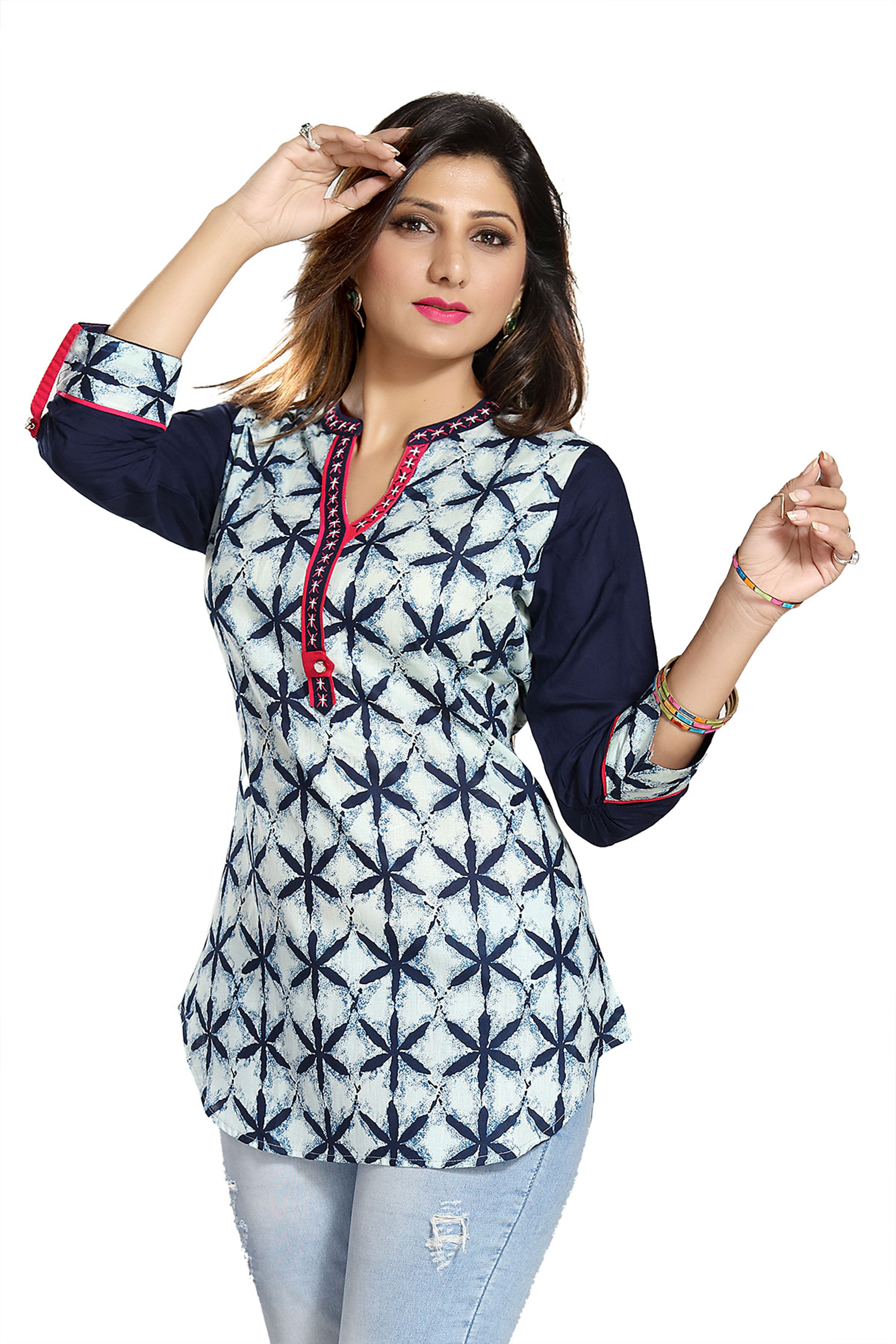 Casual Craze Blue and White Cotton Printed Short Tunic Top for Women