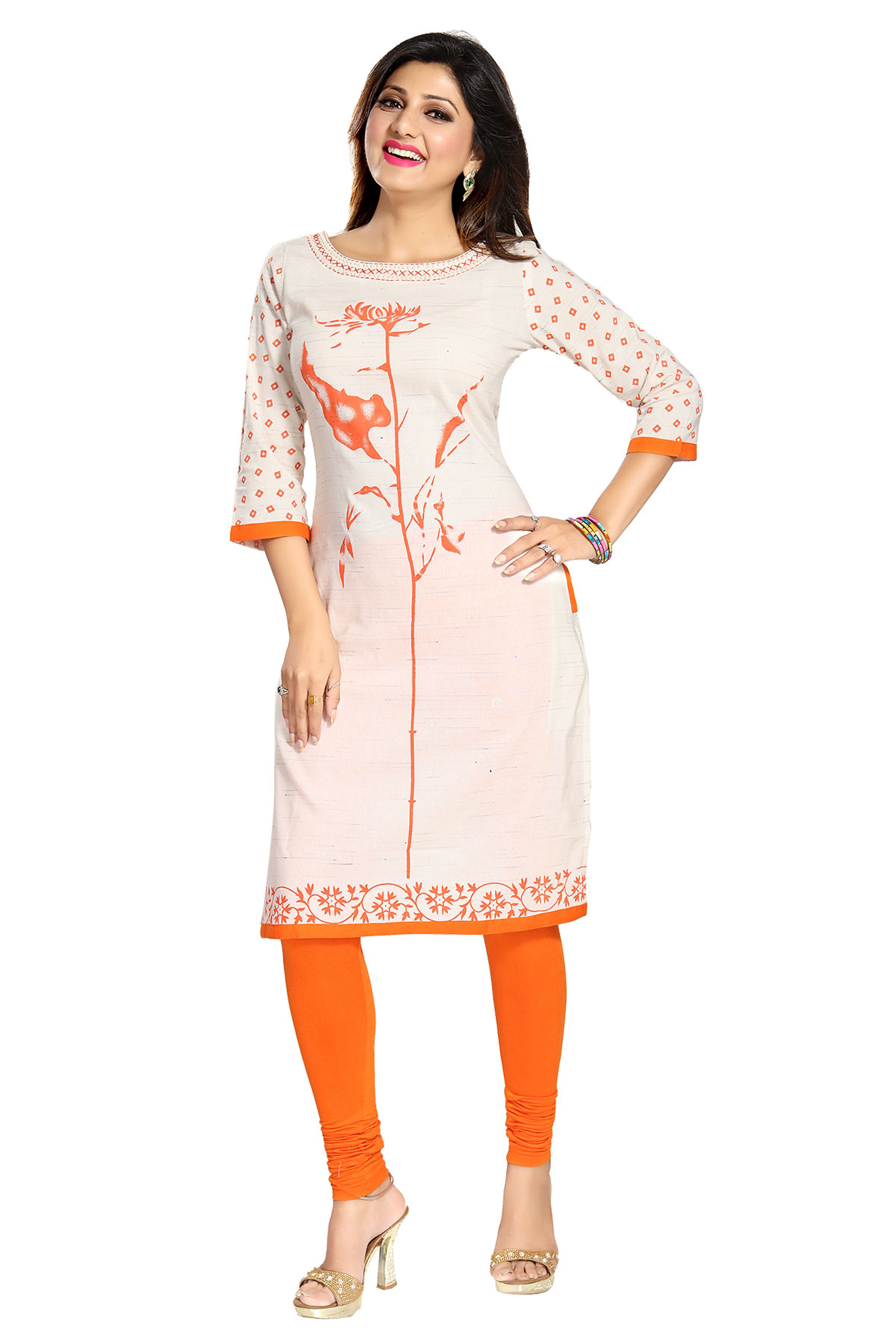 Ornate Orange Off White Designer Cotton Printed Tunic