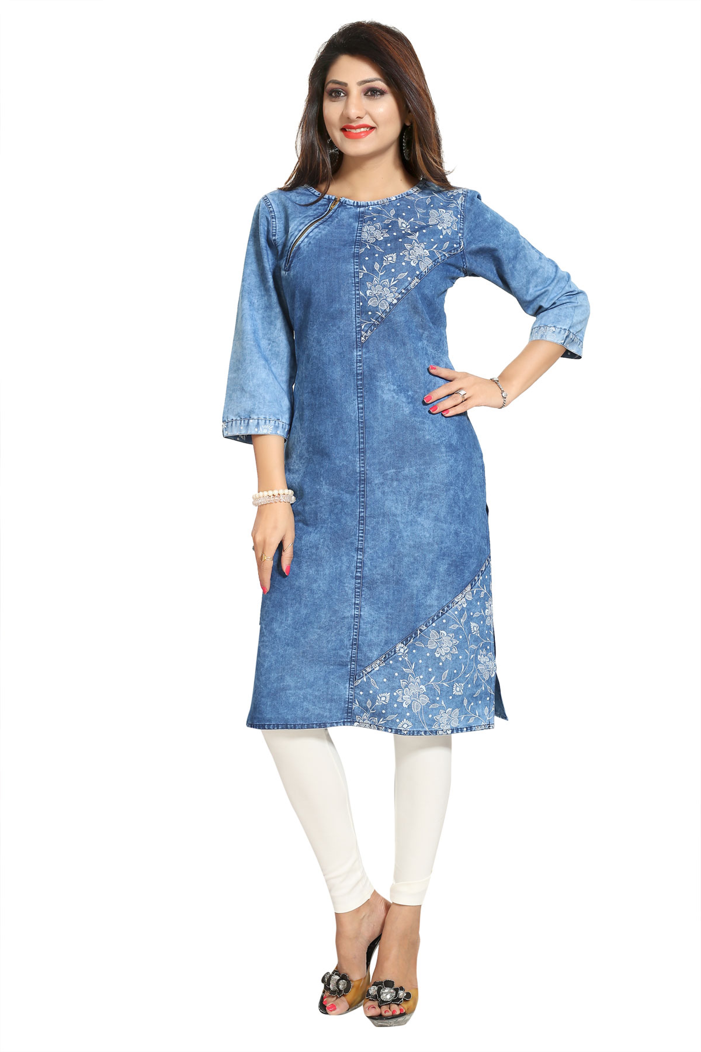 Mesmerising Mid Length Denim Tunic with Zip Pattern and White Print