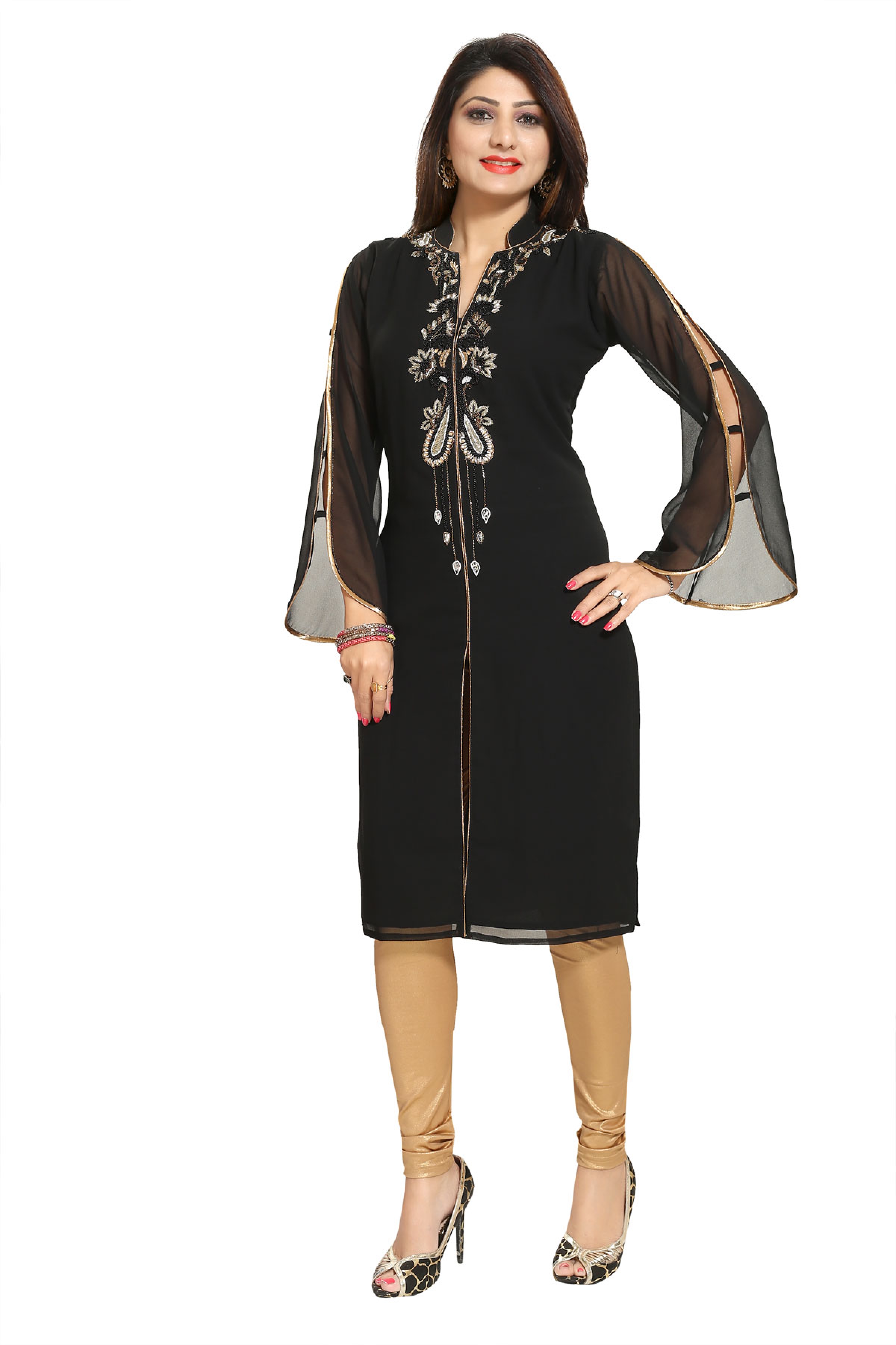 Designer Black Beauty Georgette Long Tunic with Stylish Sleeves
