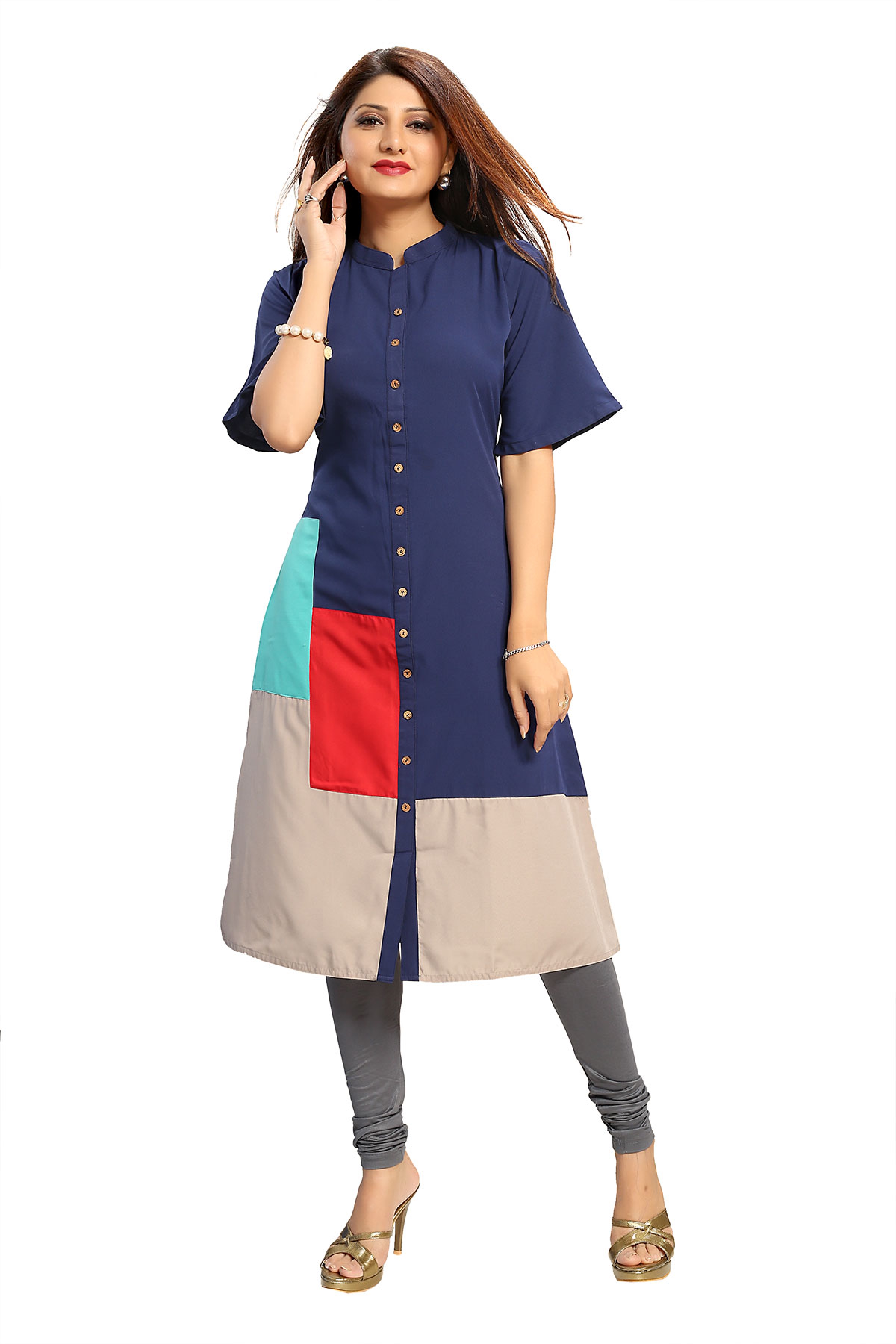 Beauteous Blue Designer Color Block Poly Crepe Long Kurti For Girls N Women