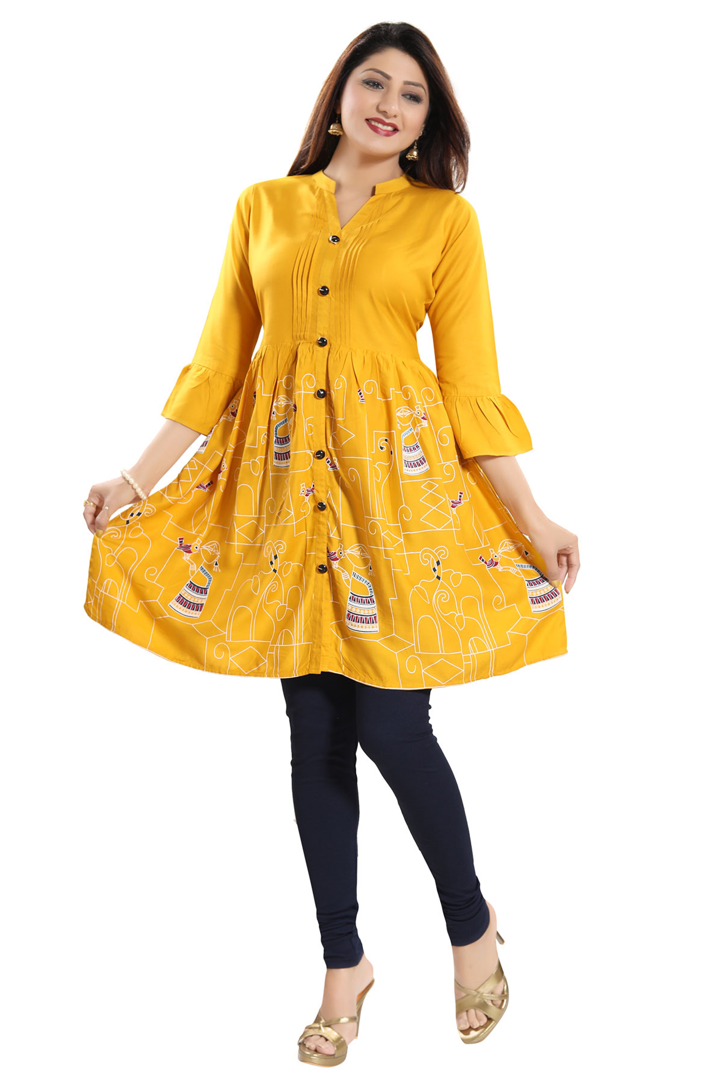 Yellow Blossom Flared Rayon Cotton Ladies Tunic For Everyday Wear
