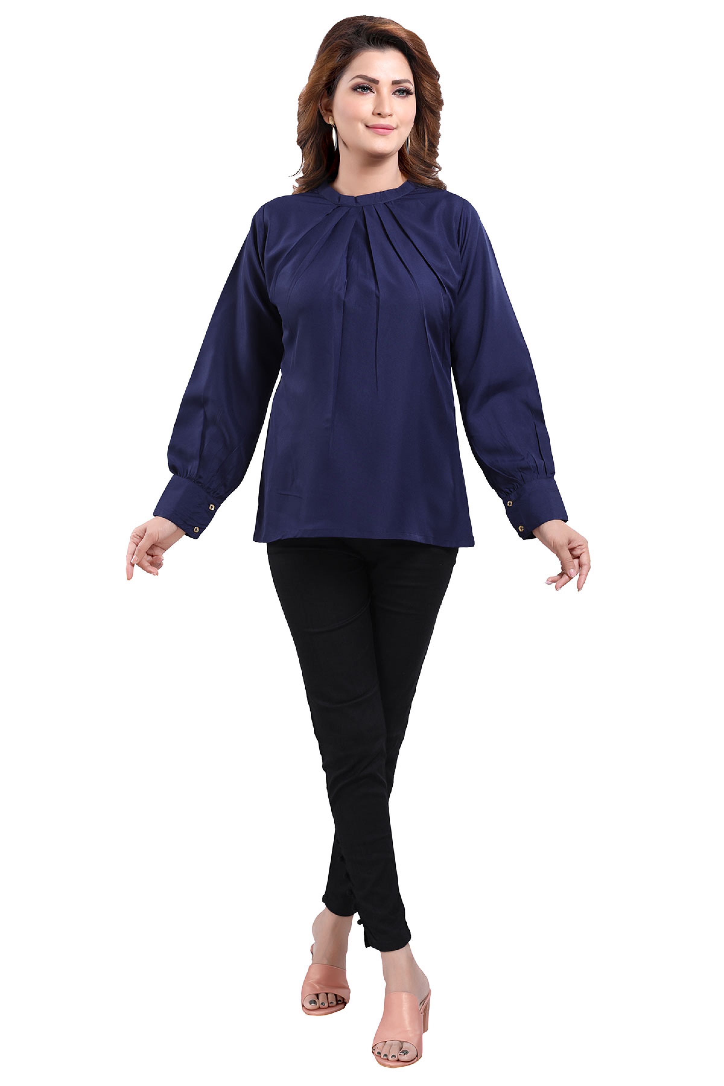 Prepossessing Navy Blue Polyester Crepe Office Wear Short Tunic Top For ...