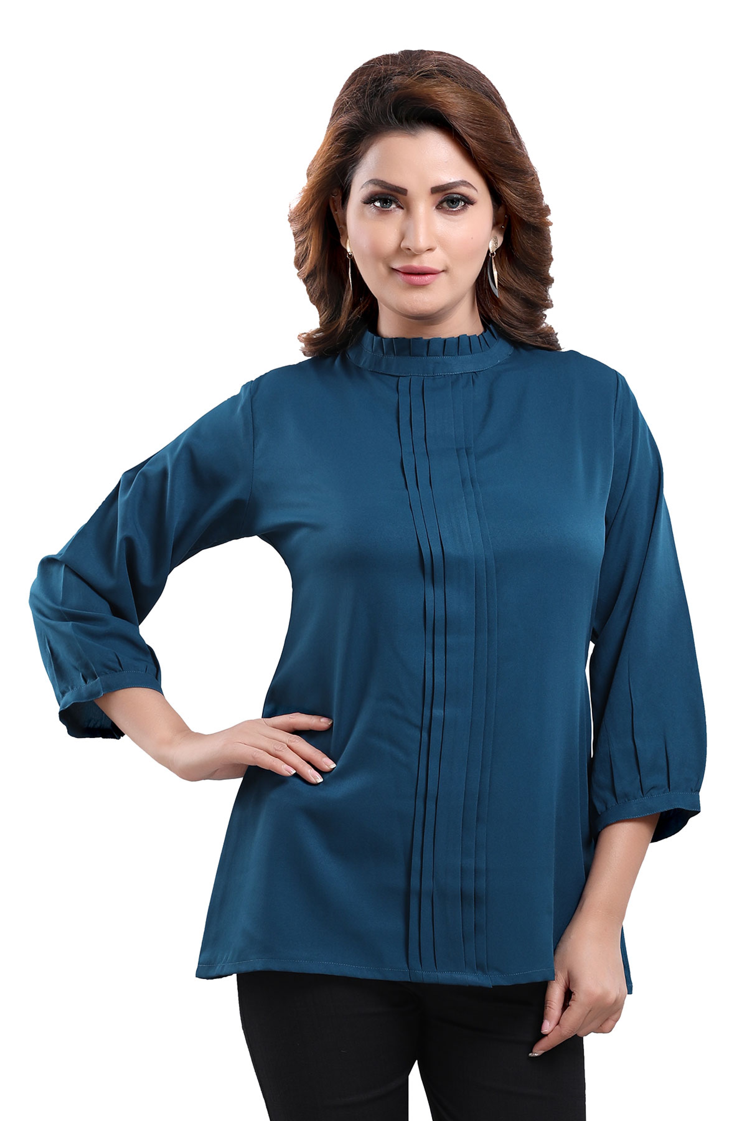 Peacock Blue Color Poly Crepe Office Wear Short Tunic Top