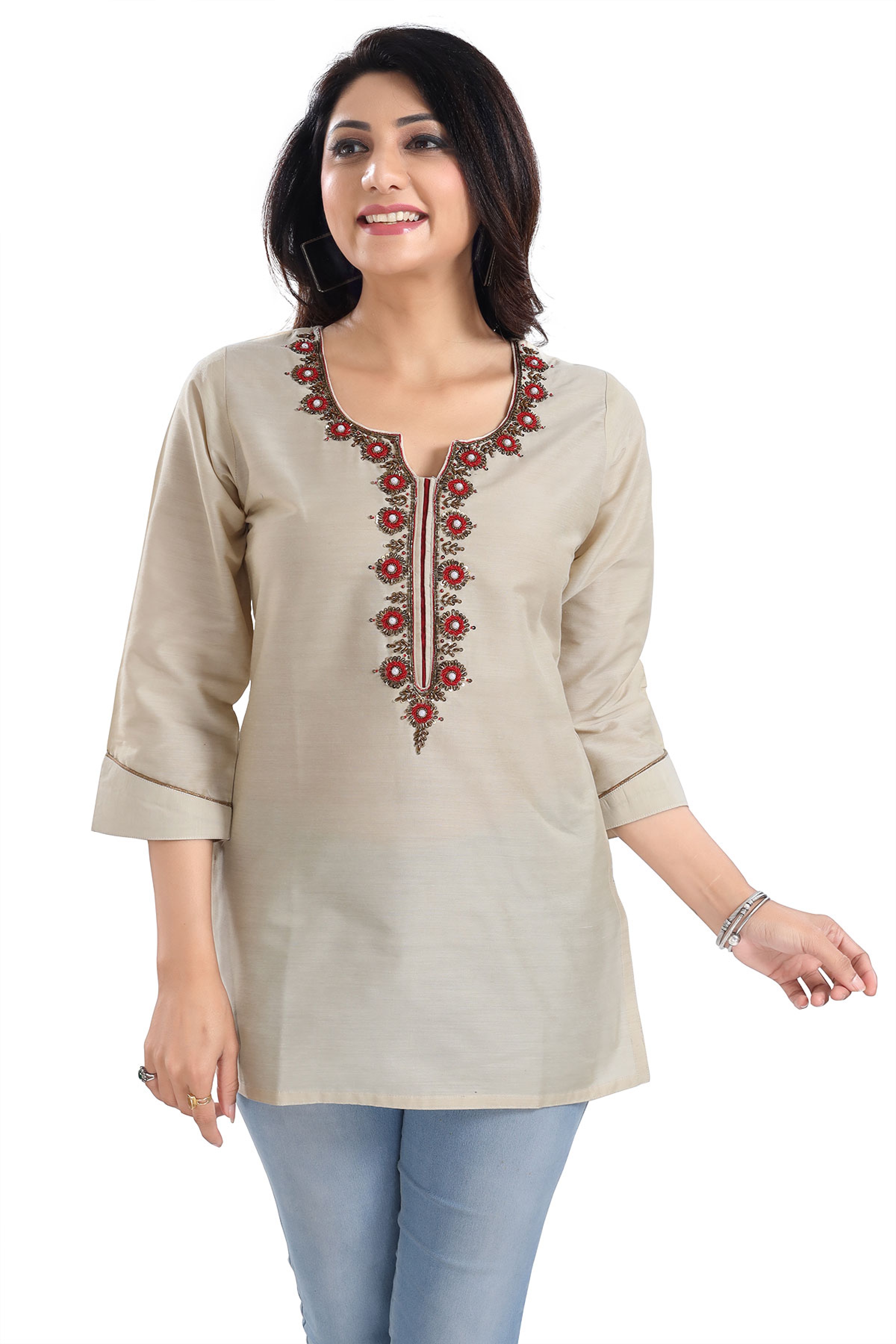 Bright Beige Cotton Silk Designer Beaded Tunic Top