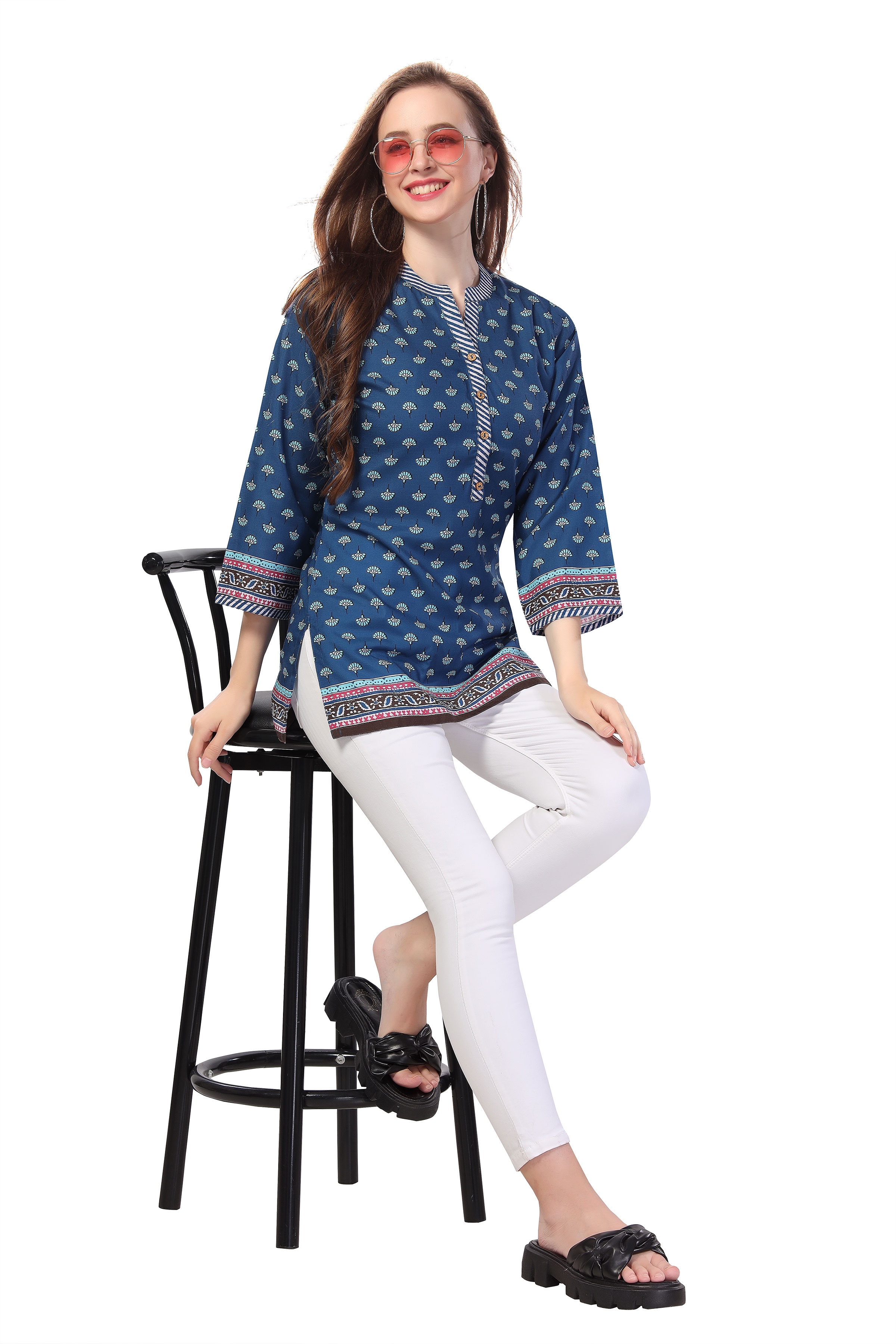Blue Flex Cotton Designer Tunic Top