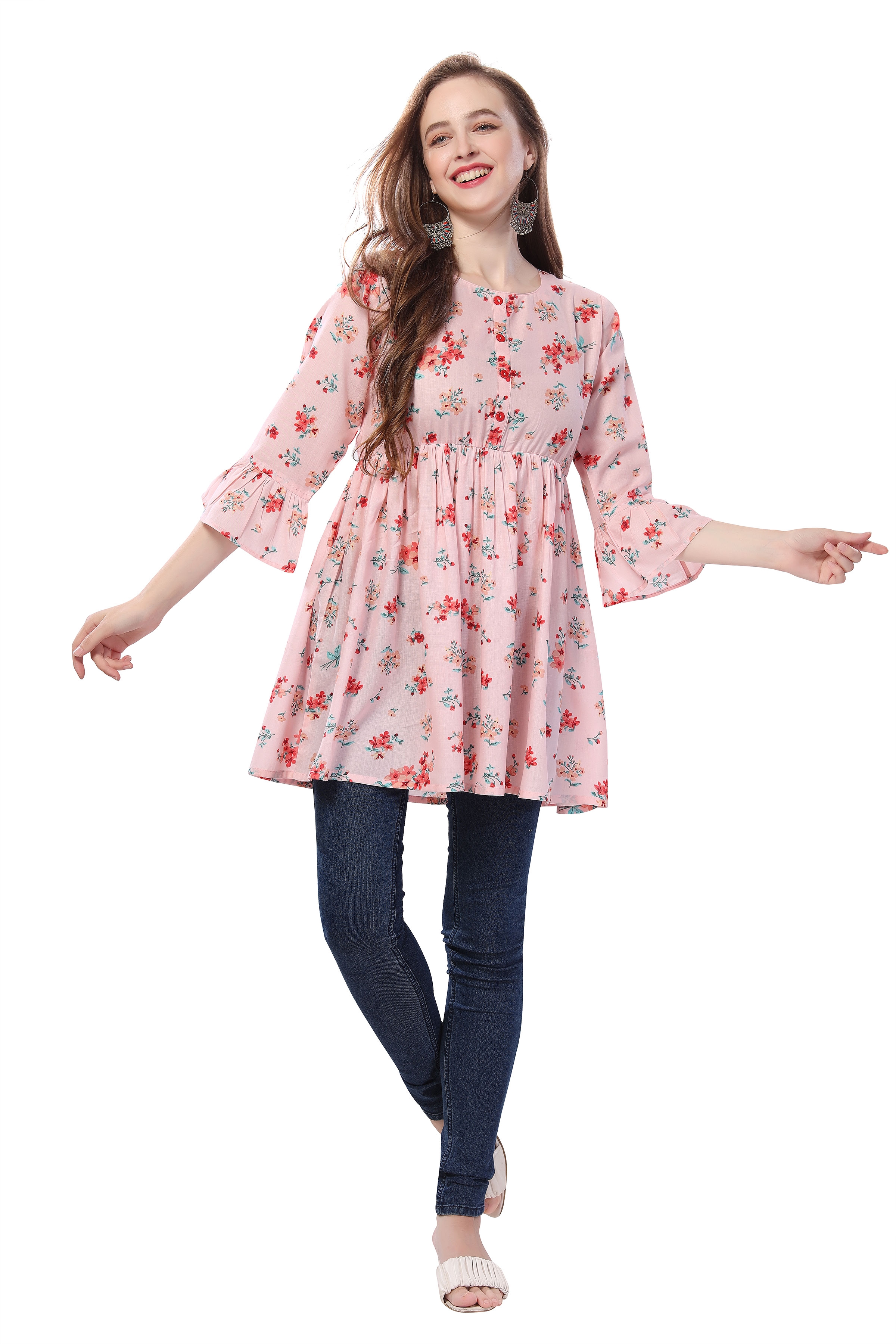 Peach Cotton Print Flair Short Tunic Top For Fashionistas